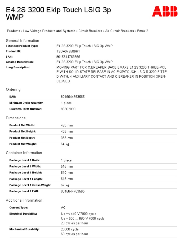 1SDA072506R1 E4 2s 3200 Ekip Touch Lsig 3p WMP | Download Free PDF | Power Engineering ...
