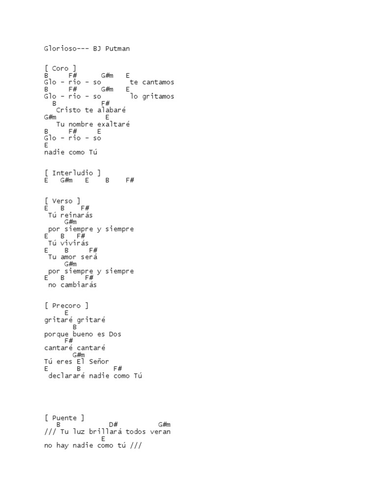 Letra de "Glorioso" - BJ Putman | PDF