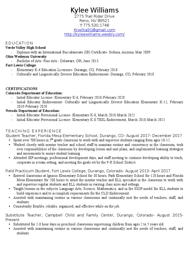 Williams Kylee Resume April 2018 | PDF | Teachers | Change