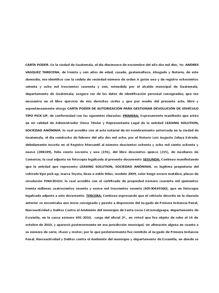 Carta Poder para Gestionar Devolución de Vehículo Conasa | PDF | Guatemala | Justicia