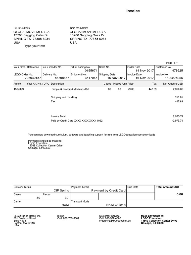 LEGO Invoice for Order 726049187 | PDF | Invoice | Services (Economics)