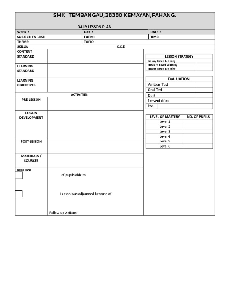 SMK Tembangau, 28380 Kemayan, Pahang.: Daily Lesson Plan | PDF