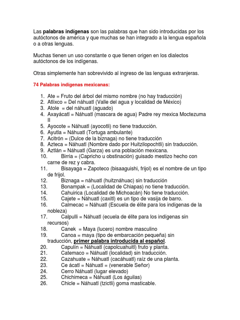 Palabras Indígenas | PDF | Náhuatl | azteca