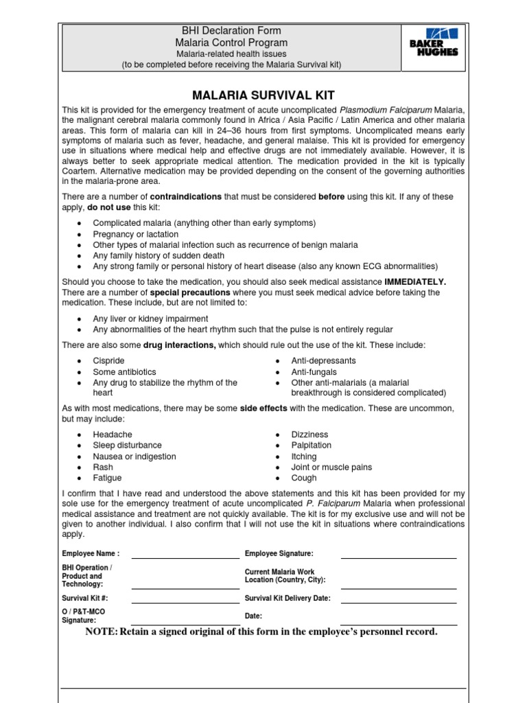 Malaria Survival Kit: BHI Declaration Form Malaria Control Program ...