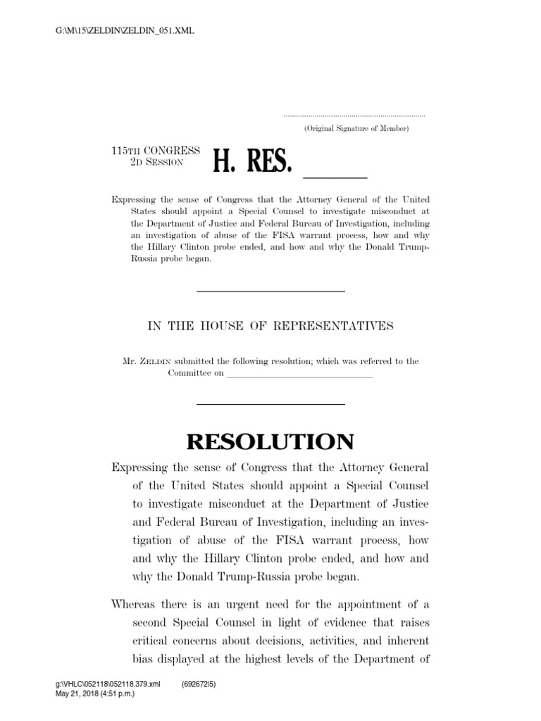 House Resolution - FBI and DOJ Investigations Demanded - Second Special Counsel | PDF | James ...