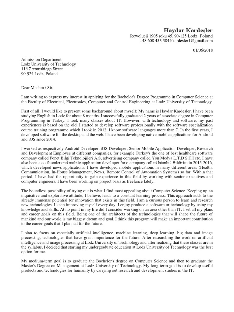 HK Cover Letter | PDF | Intelligence | Academic Degree