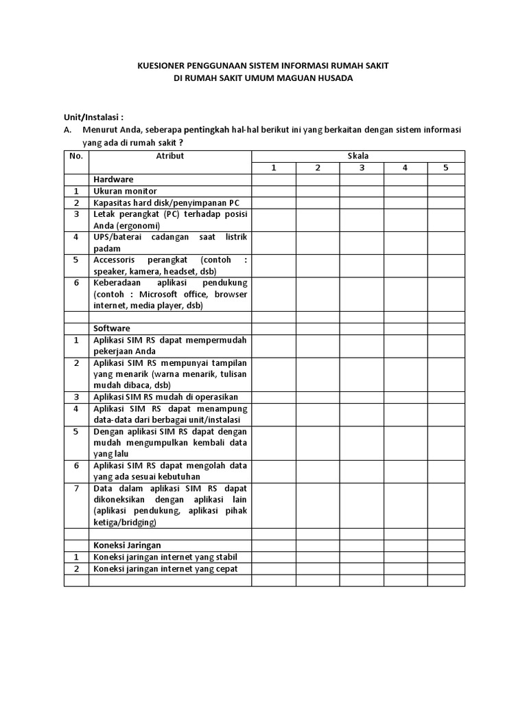 Kuesioner Penggunaan Sistem Informasi Rumah Sakit | PDF