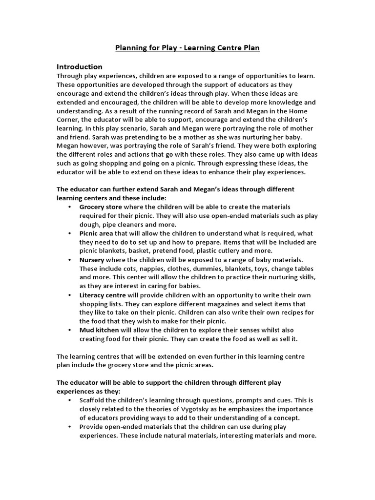 Planning For Play - Learning Centre Plan | PDF | Question | Facilitator
