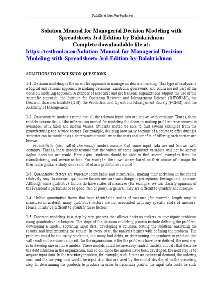 Solution Manual For Managerial Decision Modeling With Spreadsheets 3rd ... Solution Manual For Managerial Decision Modeling With Spreadsheets 3rd ...