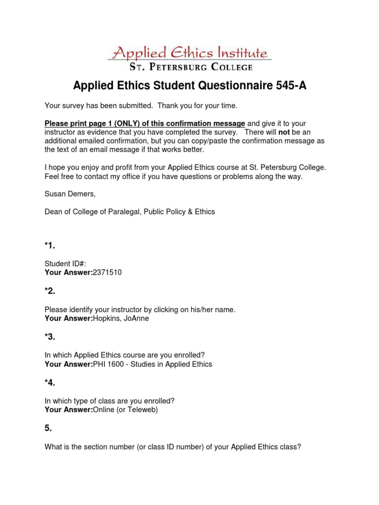 Applied Ethics Student Questionnaire 545 | PDF | Course Credit | Taxes