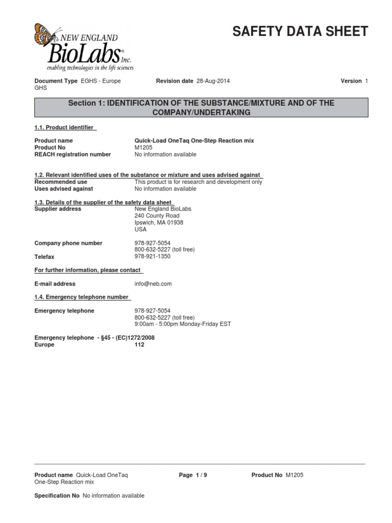 Safety Data Sheet For Quick Load OneTaq One-Step | PDF | Toxicity ...