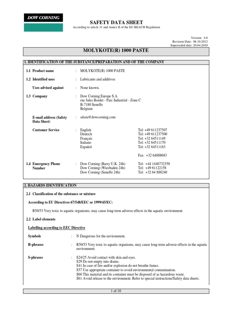 Msds Molykote 1000 Paste Eng | PDF | Dangerous Goods | Personal ... Msds Molykote 1000 Paste Eng | PDF | Dangerous Goods | Personal ...