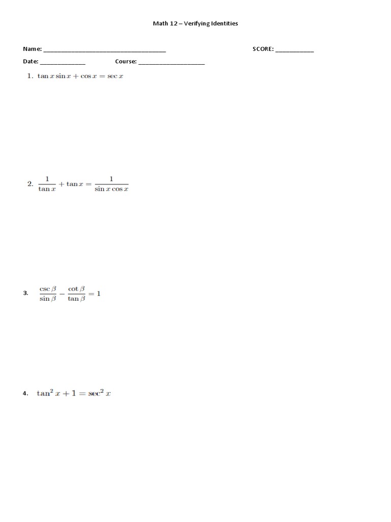 Math 12: Identity Verification Worksheet | PDF | Career & Growth ...