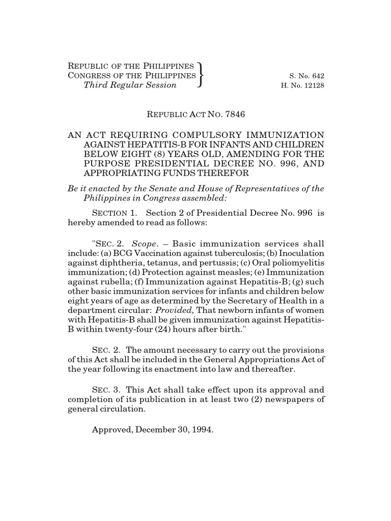 Ra - 7846 - An Act Requiring Compulsory Immunization | PDF