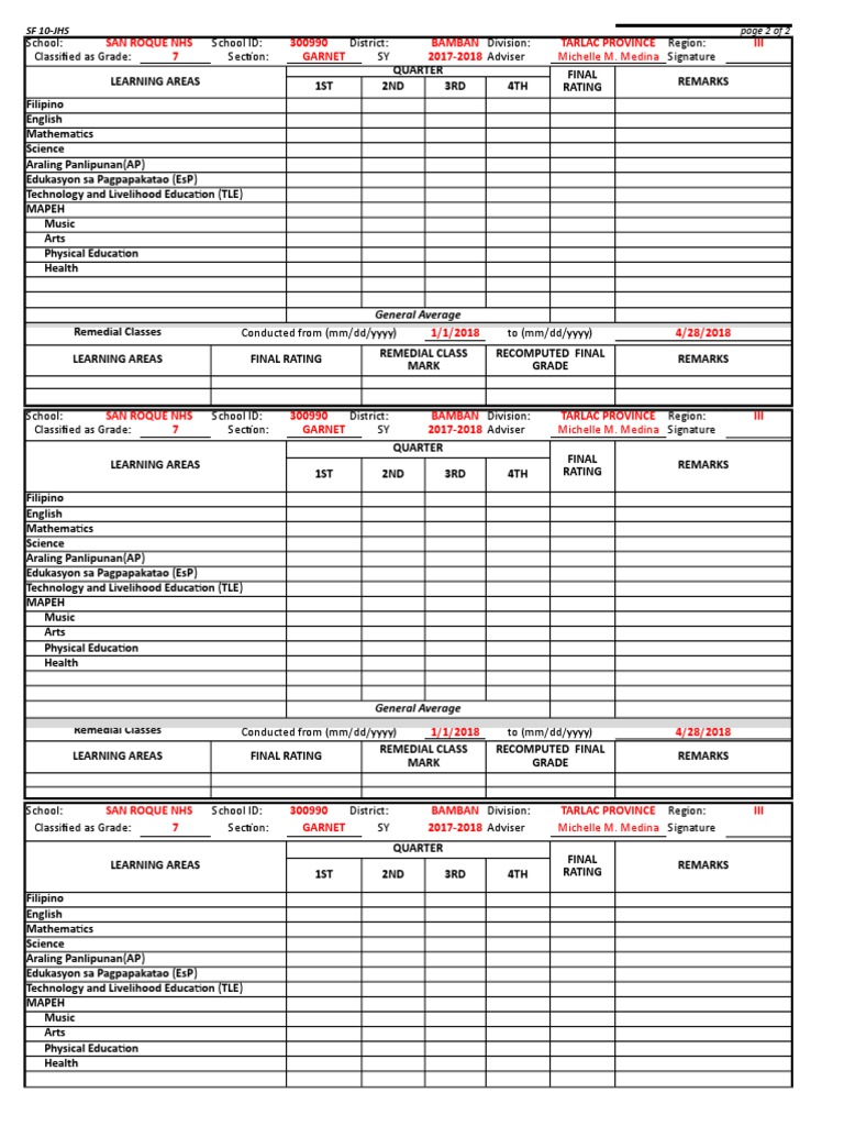 SF 10 Template Srnhs | PDF | Learning | Behavior Modification