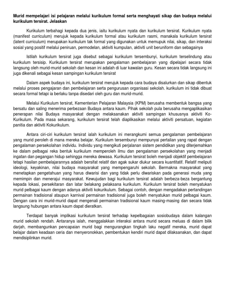 Murid Mempelajari Isi Pelajaran Melalui Kurikulum Formal Serta ...