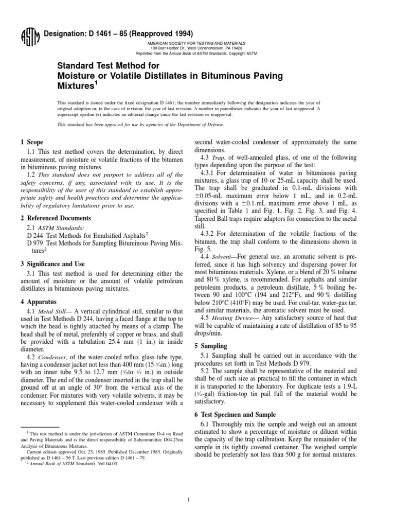 Astm D1461 1994 Moisture Or Volatile Distillates In Bituminous