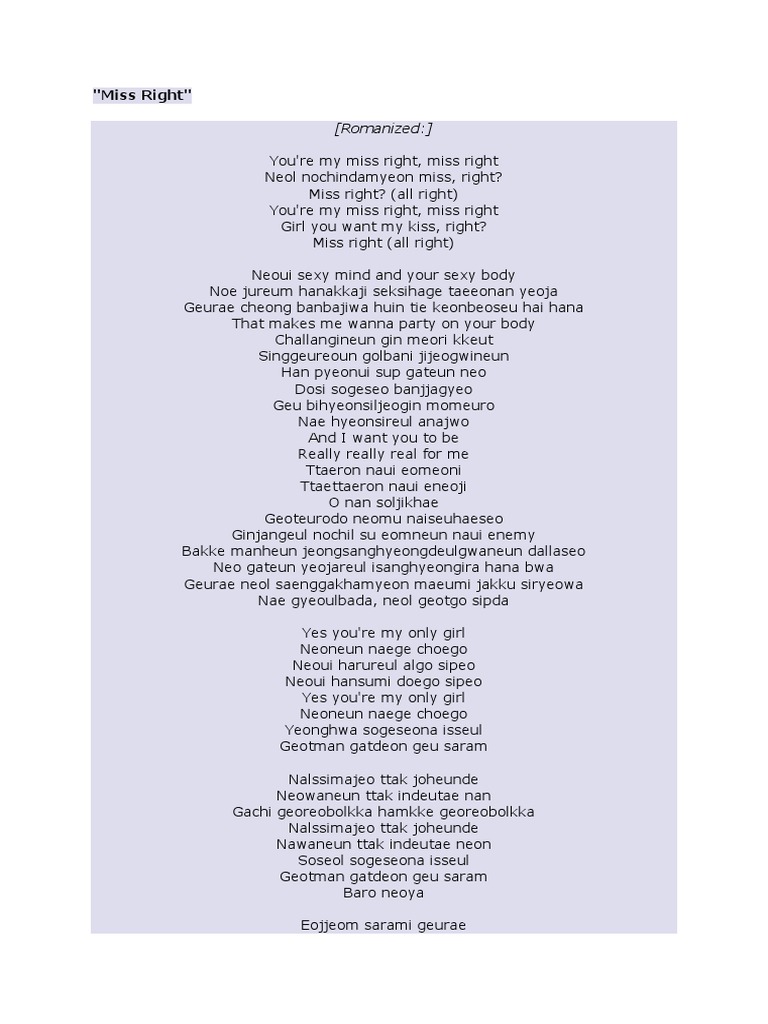 Miss Right Lyrics (Romanized) | PDF