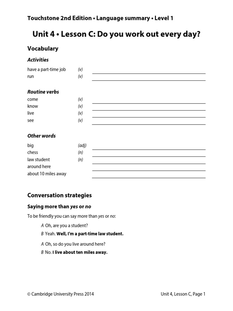 Unit 4 - Lesson C: Do You Work Out Every Day?: Touchstone 2nd Edition - Language Summary - Level ...
