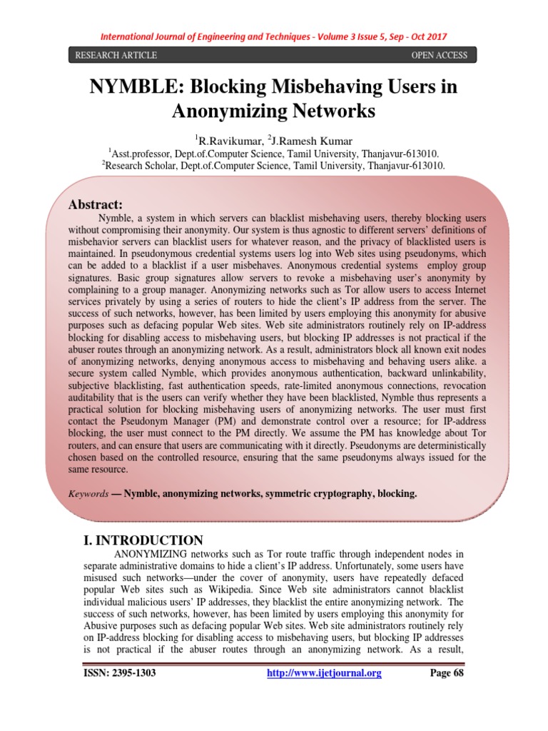 NYMBLE: Blocking Misbehaving Users in Anonymizing Networks: Abstract | PDF | Tor (Anonymity ...