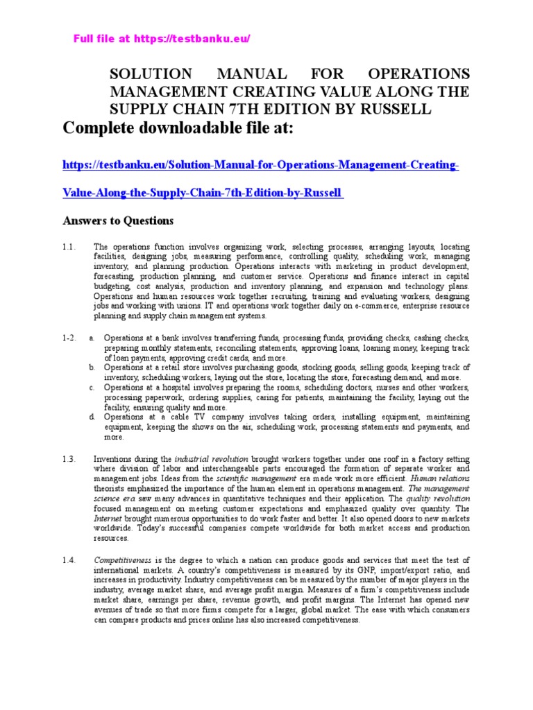 Solution Manual For Operations Management Creating Value Along The ...