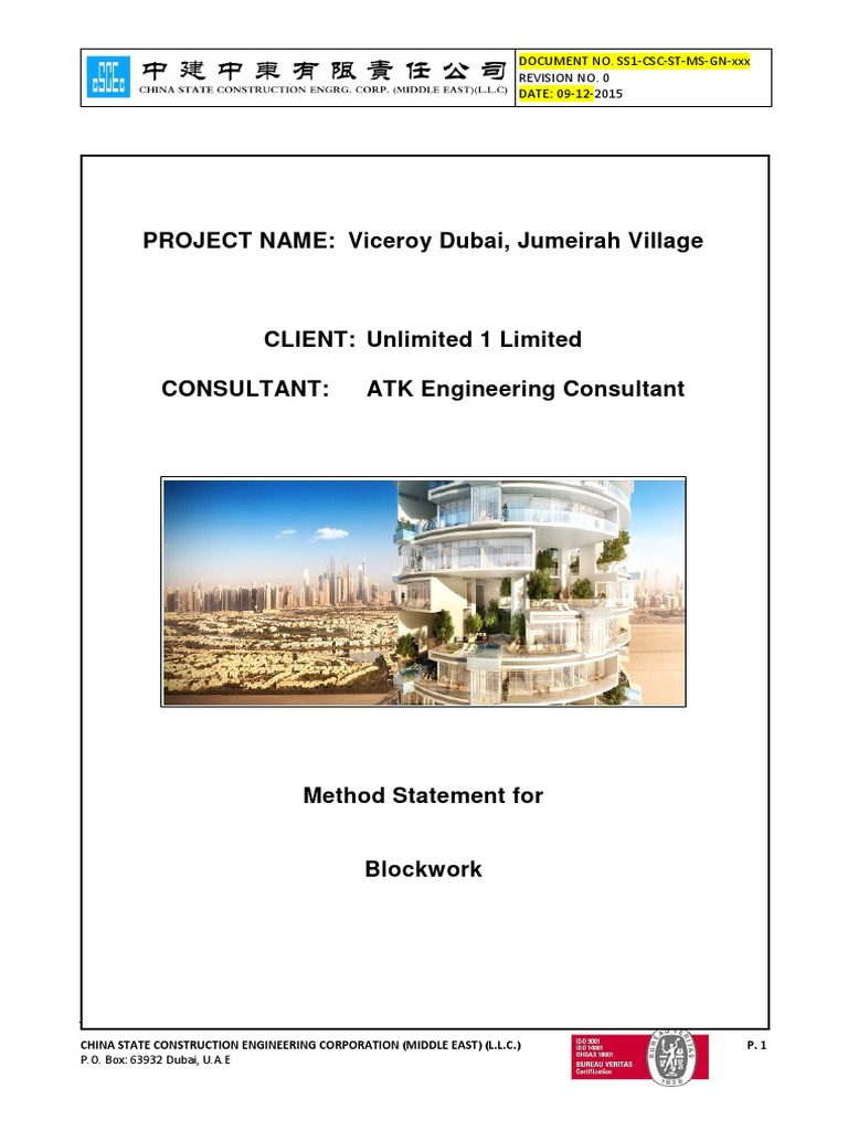 Method Statement for Blockwork at Viceroy Dubai, Jumeirah Village | PDF ...