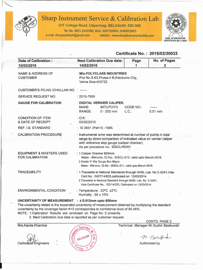 Calibration Certificate of Vernier Calipers PG 1pdf PDF | PDF ...