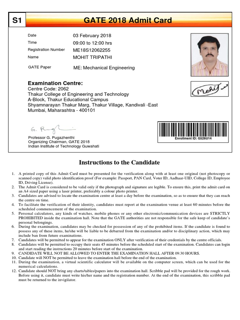 GATE 2018 Admit Card S1: Examination Centre | PDF | Authentication ...