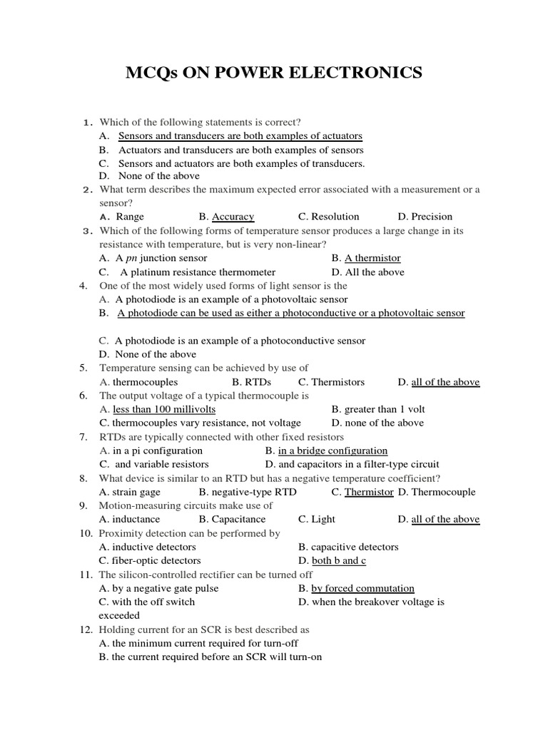 MCQ Son Power Electronics | PDF | Sensor | Electrical Resistance And ...