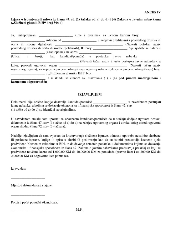 Anex 4-Izjava - Član 47 | PDF