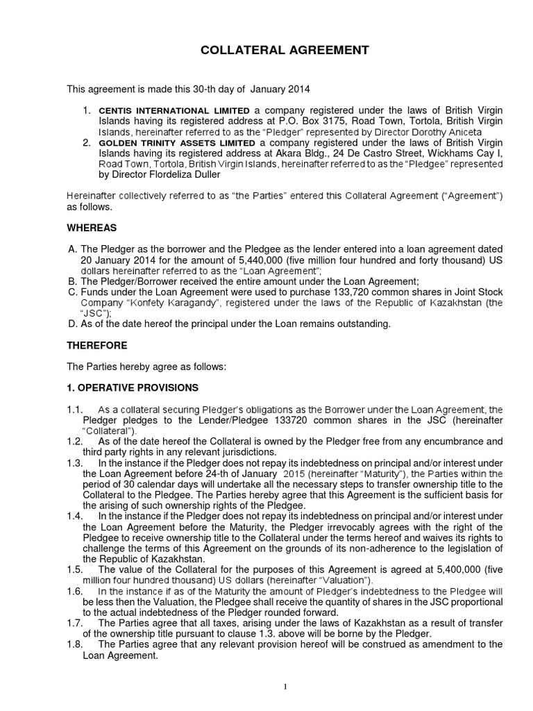 Collateral Agreement for Loan Security | PDF | Collateral (Finance ...