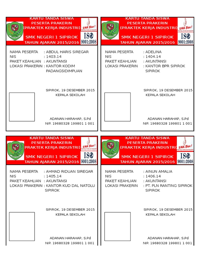 Kartu Peserta Prakerin 2015-2016 | PDF