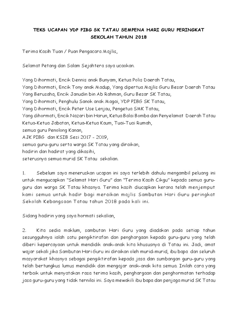 Teks Ucapan YDP PIBG Hari Guru 2018 | PDF