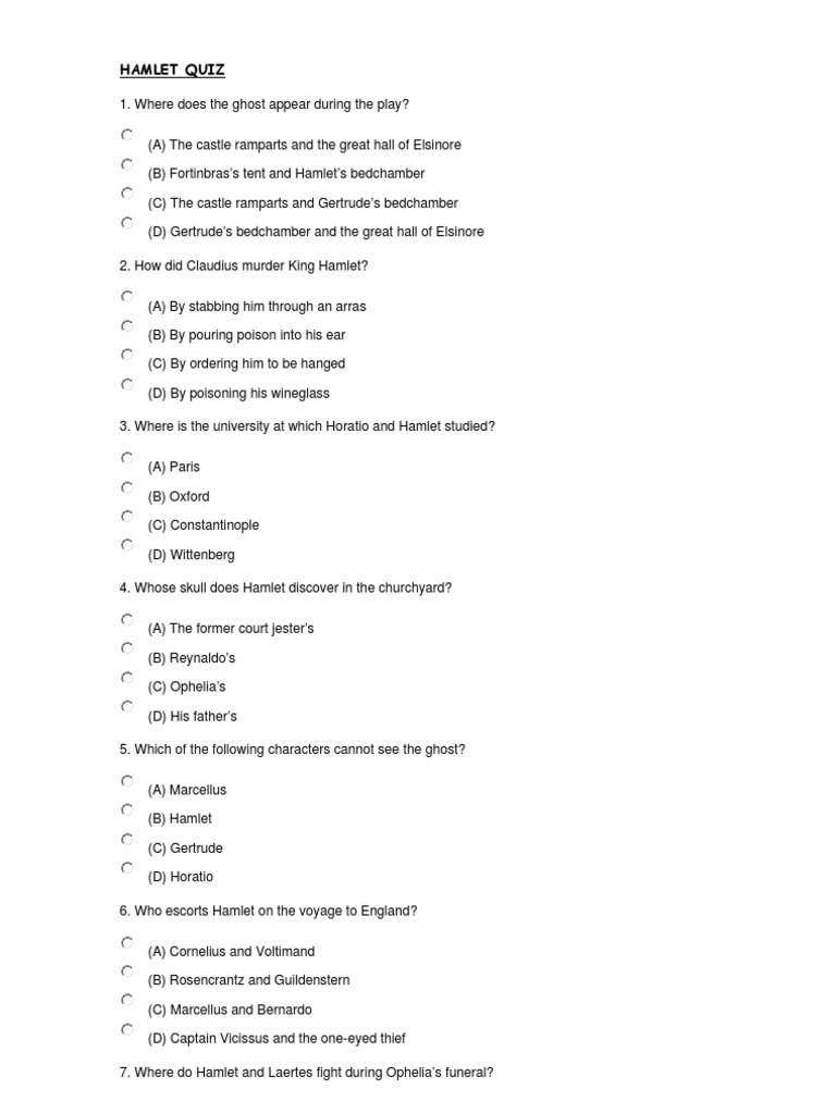 Hamlet Quiz | PDF | Hamlet | Shakespearean Characters