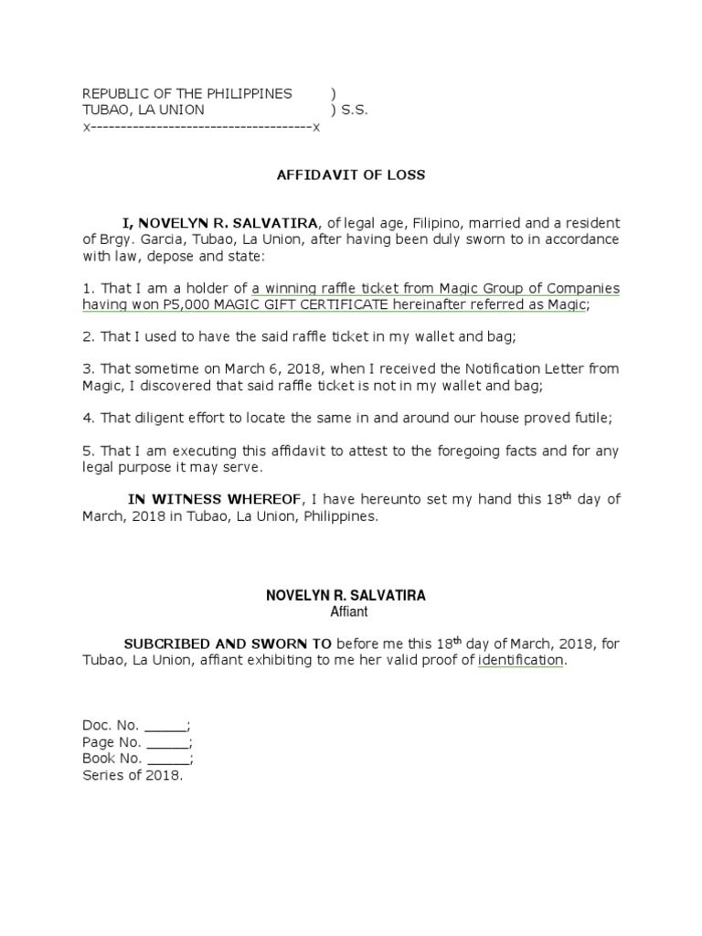 Affidavit of Loss Raffle Ticket | PDF