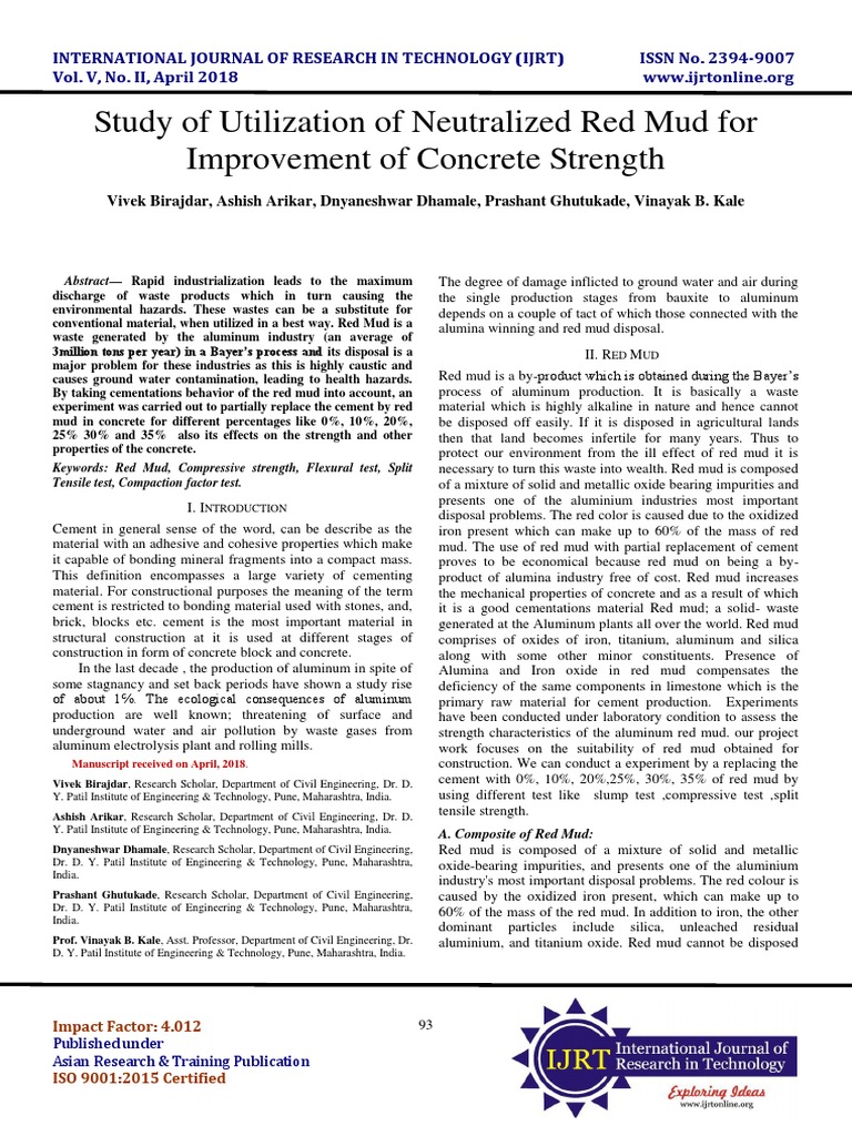 Study of Utilization of Neutralized Red Mud For Improvement of Concrete ...