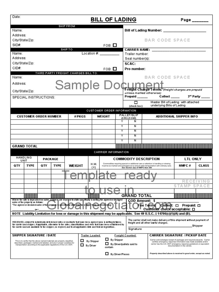 Sample Document: Bill of Lading | PDF | Cargo | Bill Of Lading