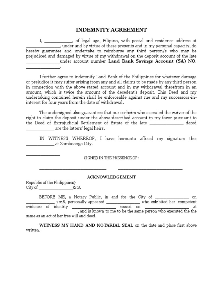 Indemnity Agreement Landbank | PDF