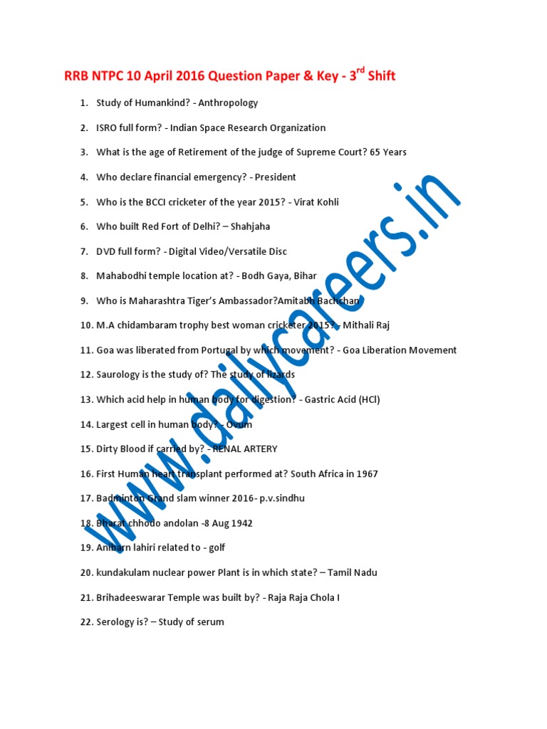 RRB NTPC Question Paper 10 April 2016 | PDF