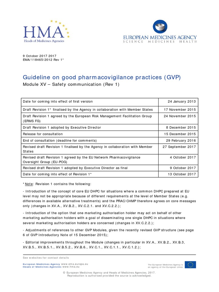 Guideline On Good Pharmacovigilance Practices (GVP) Module XV Safety ...