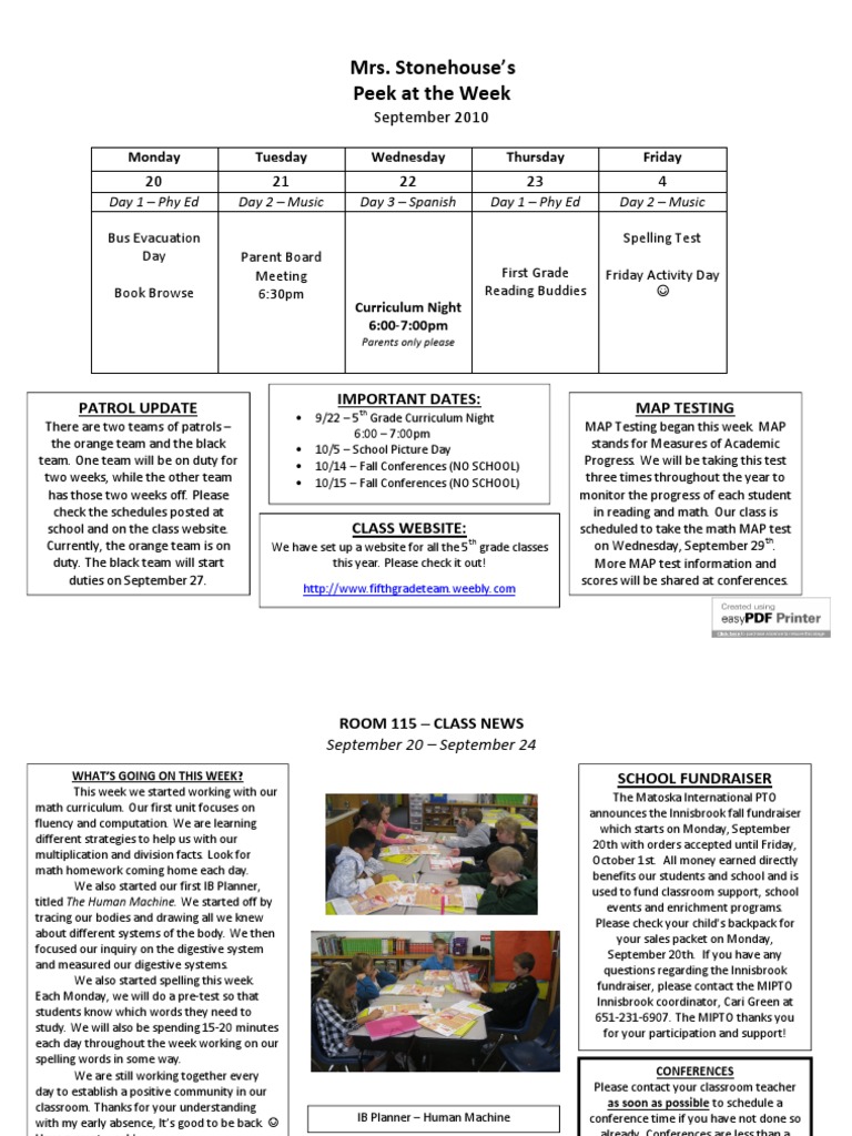 Weekly Update: 5th Grade Activities | PDF | Classroom | Homework