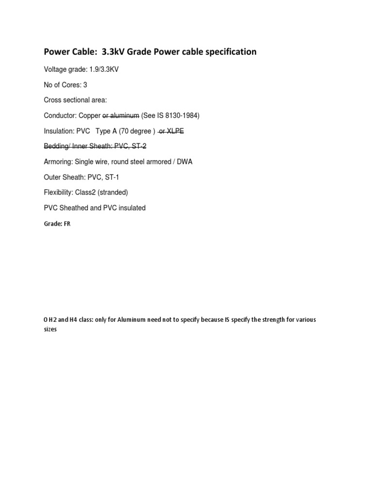 Power Cable: 3.3kV Grade Power Cable Specification | PDF | Equipment ...