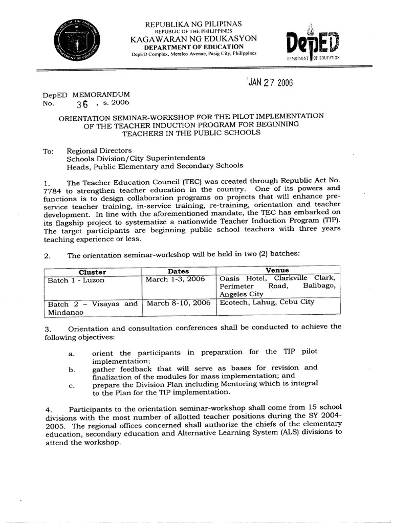 DepED Memo. No. 36, S. 2006 (Orientation - Seminar Workshop TIP ...