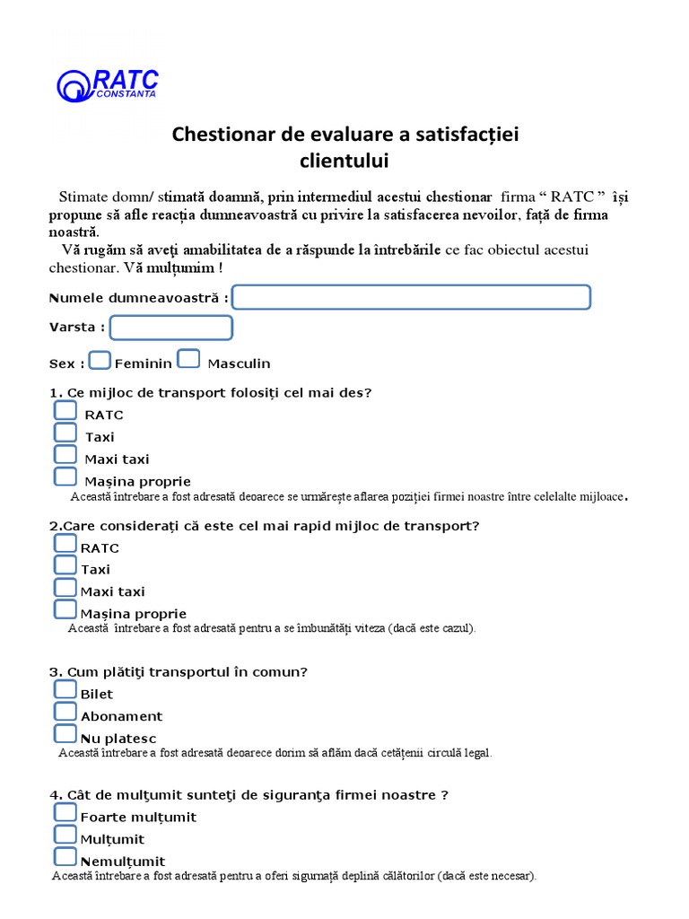 Chestionar de Evaluare A Satisfacției Clientului | PDF