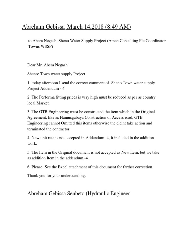 Sheno Town Water Supply Project Update | PDF | Technology & Engineering