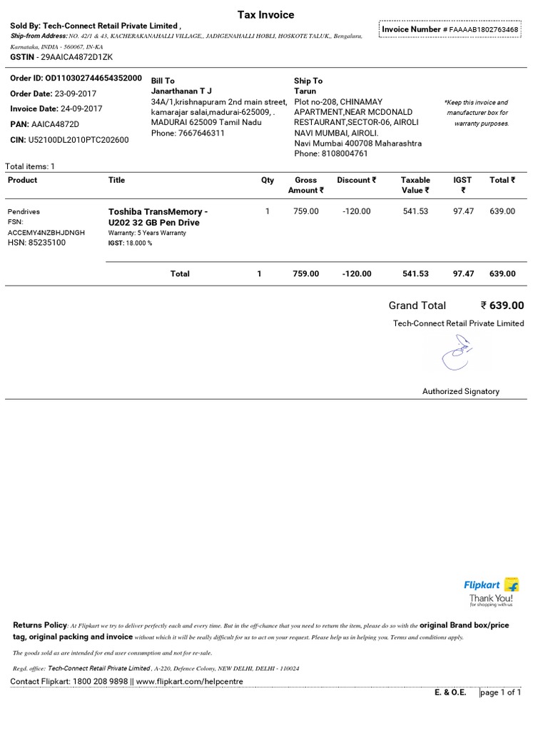 Toshiba Pen Drive Invoice Details | PDF | Invoice | Taxes
