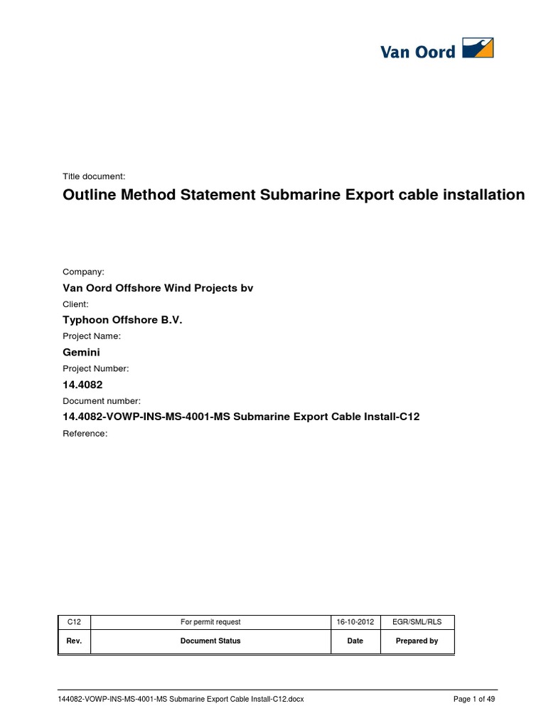 Outline Method Statement Submarine Export Cable Installation | PDF ...