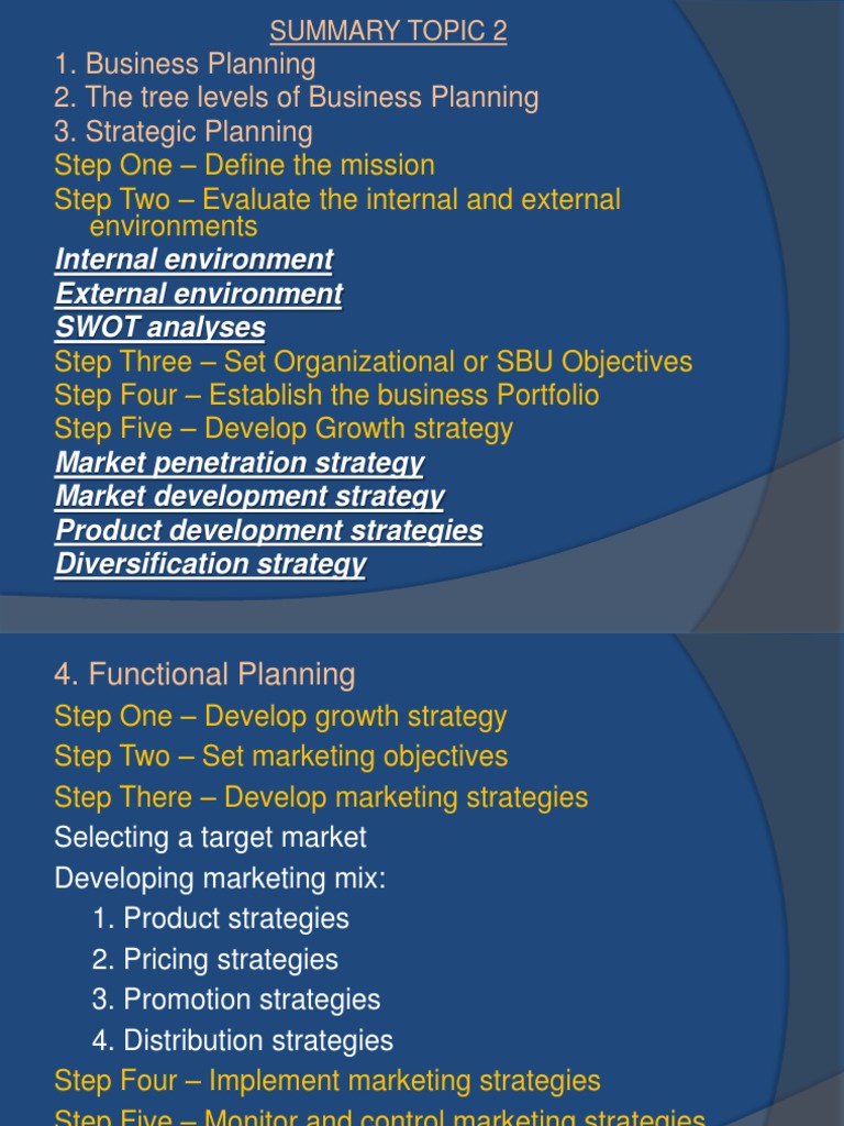 Business Planning 2. The Tree Levels of Business Planning 3. Strategic ...