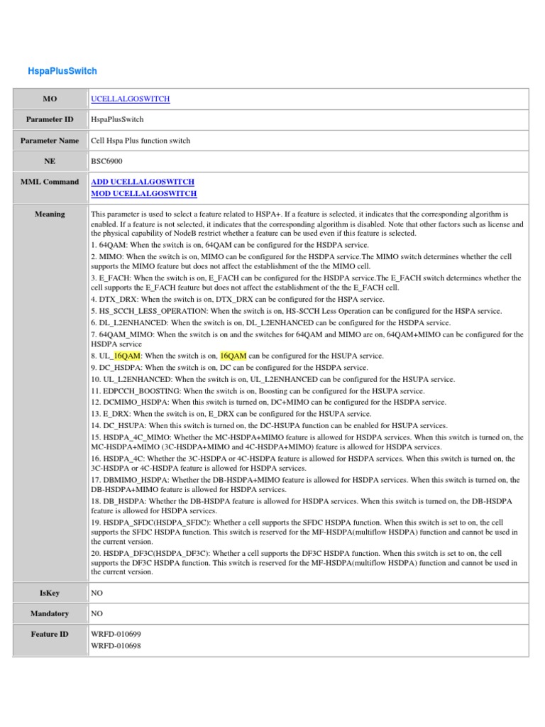 Configuring HSPA+ Features Through the Cell Hspa Plus Function Switch Parameter | PDF | High ...