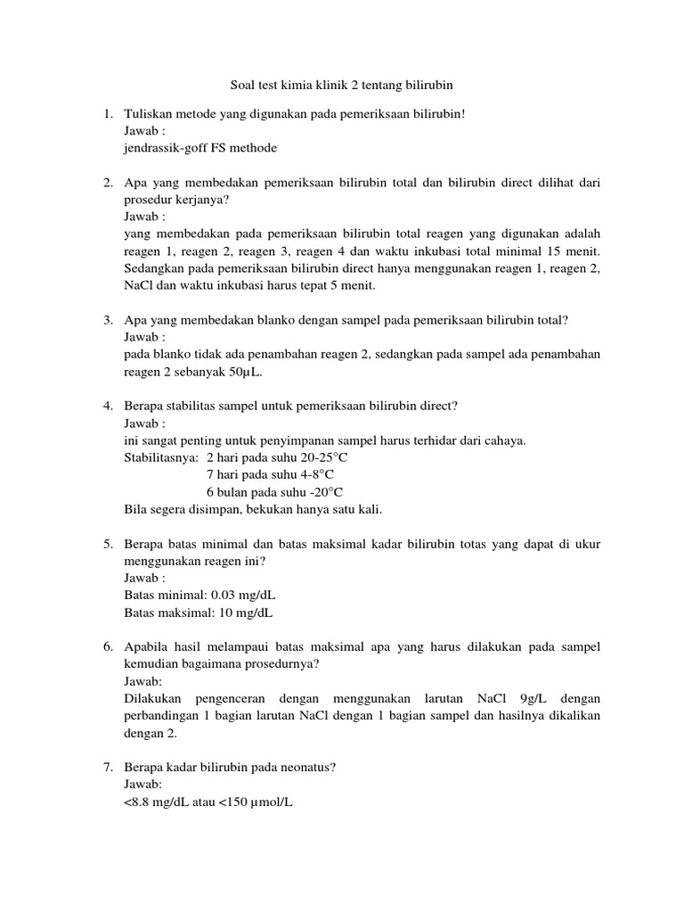 Soal Test Kimia Klinik 2 Tentang Bilirubin Pdf